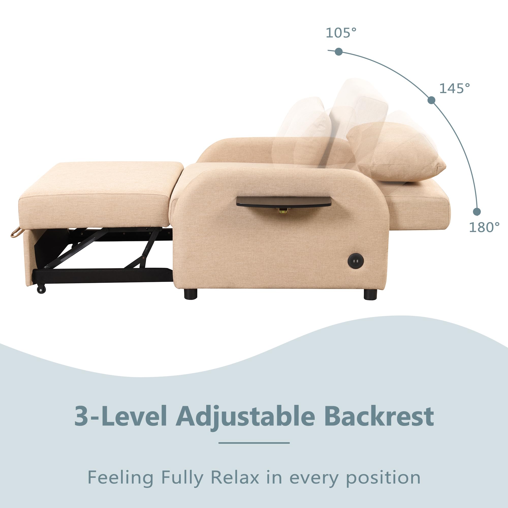 P PURLOVE 3 in 1 Linen Sleeper Sofa Couch Bed, Modern Convertible Sleeper Sofa Bed, Small Sofa Bed with 2 Wing Table Side Pocket and USB Charge for Living Room, Apartment, Beige