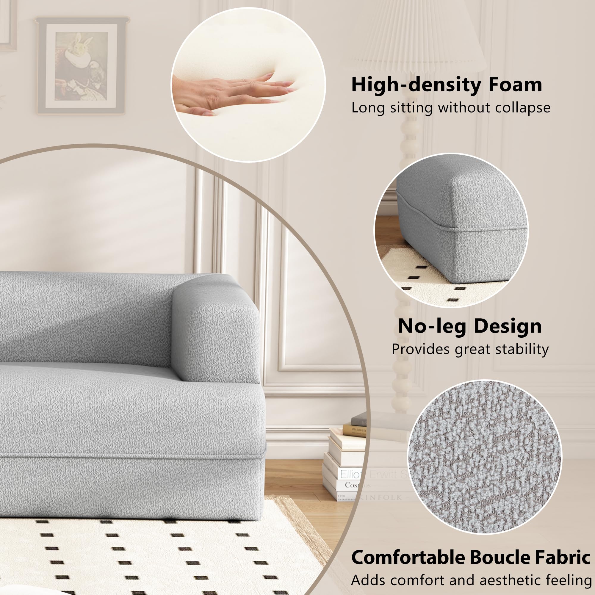 P PURLOVE 3 Seat Sofa, Cushioned Combination Sofas with Chaise Lounge and Upholstered Seat, Modern Boucle Couch for Living Room, Bedroom, Small Spaces, Apartmen (Beige)