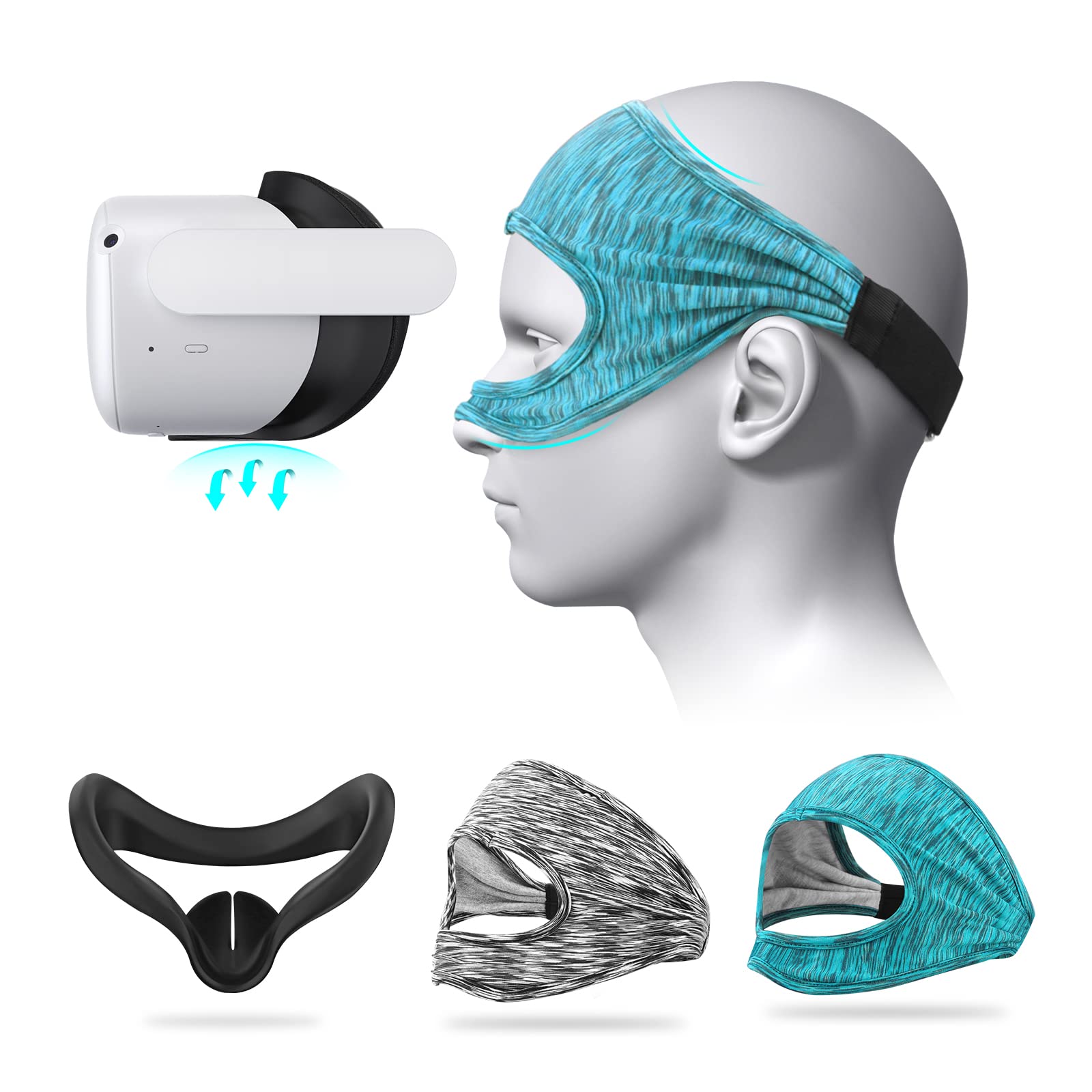 Esimen VR Masks Sweat Band for Oculus Quest 2 Sweat Guard Adjustable Absorbent Facemask and Silicone Face Cover for Meta Quest 2, Breathable, Stretchy, Washable VR Workout Accessories(3Pcs)