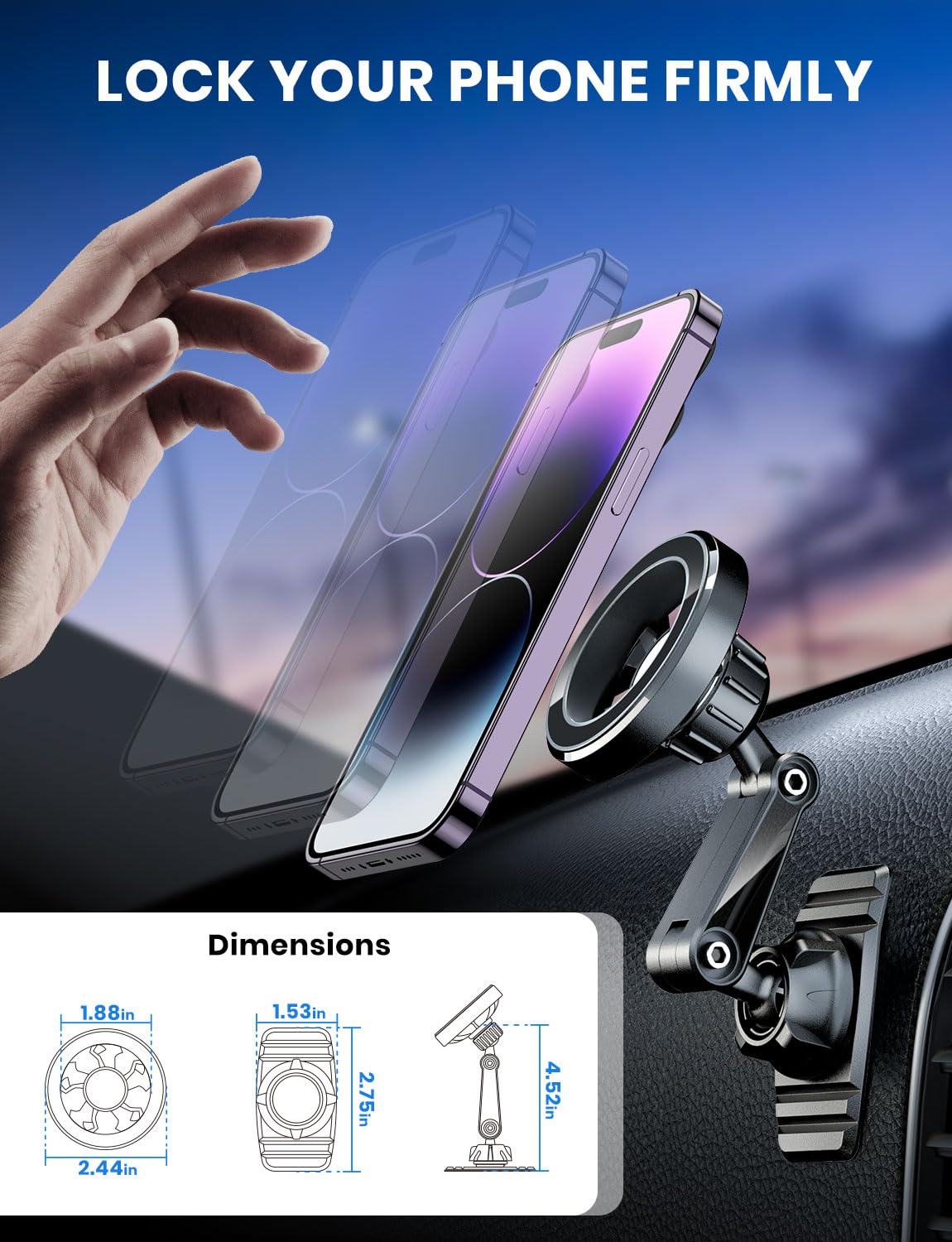 eSamcore Compatible with Magsafe Car Mount, Magnetic Phone Holder for Car with Flexible Base for Magsafe Dash Mount Car Accessories Car Phone Holders for iPhone15 14 13 12 Pro Max [1 PC]