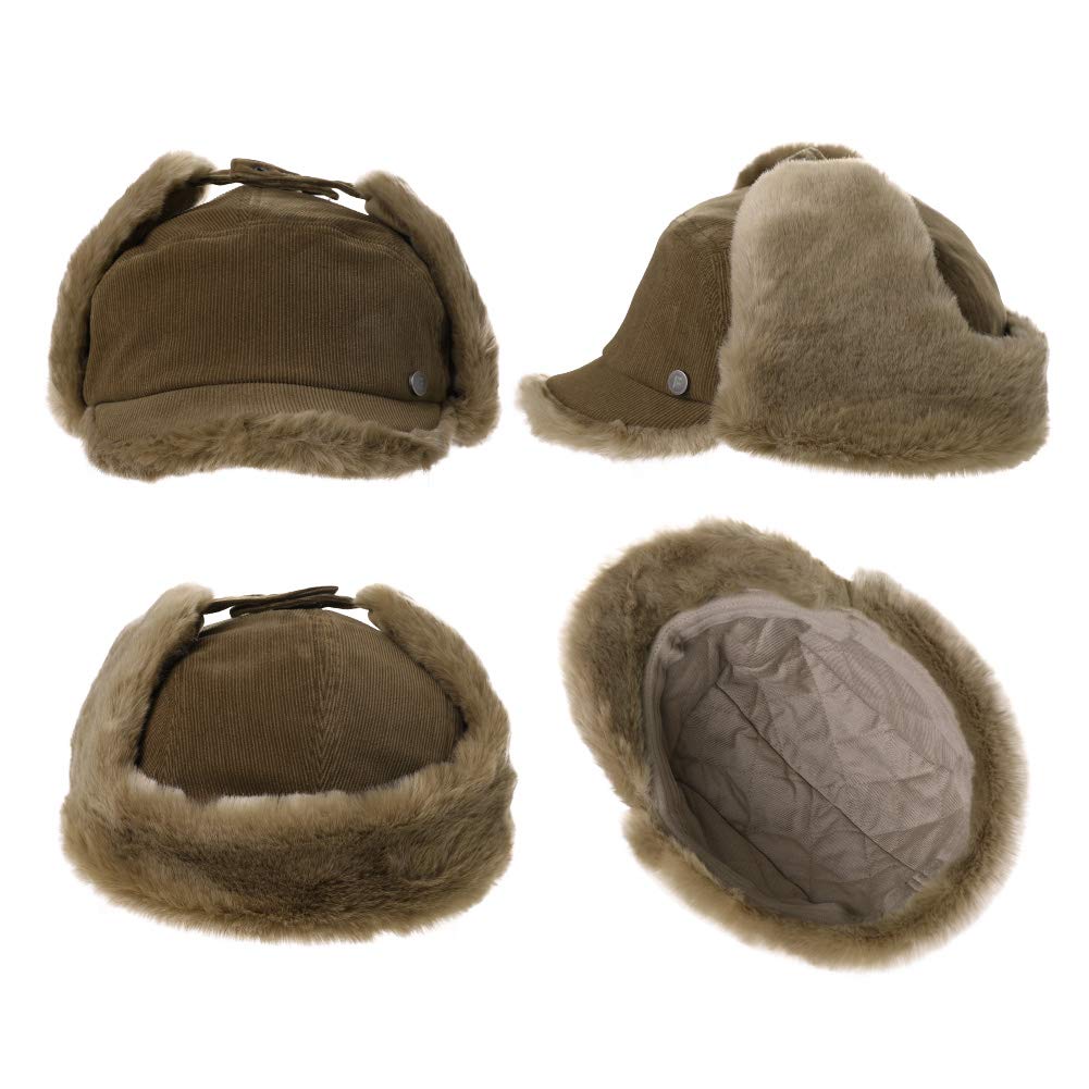 Fancet Womens Winter Fitted Faux Fur Corduroy Earflap Dad Elmer Fudd Hat Baseball Cap Brown