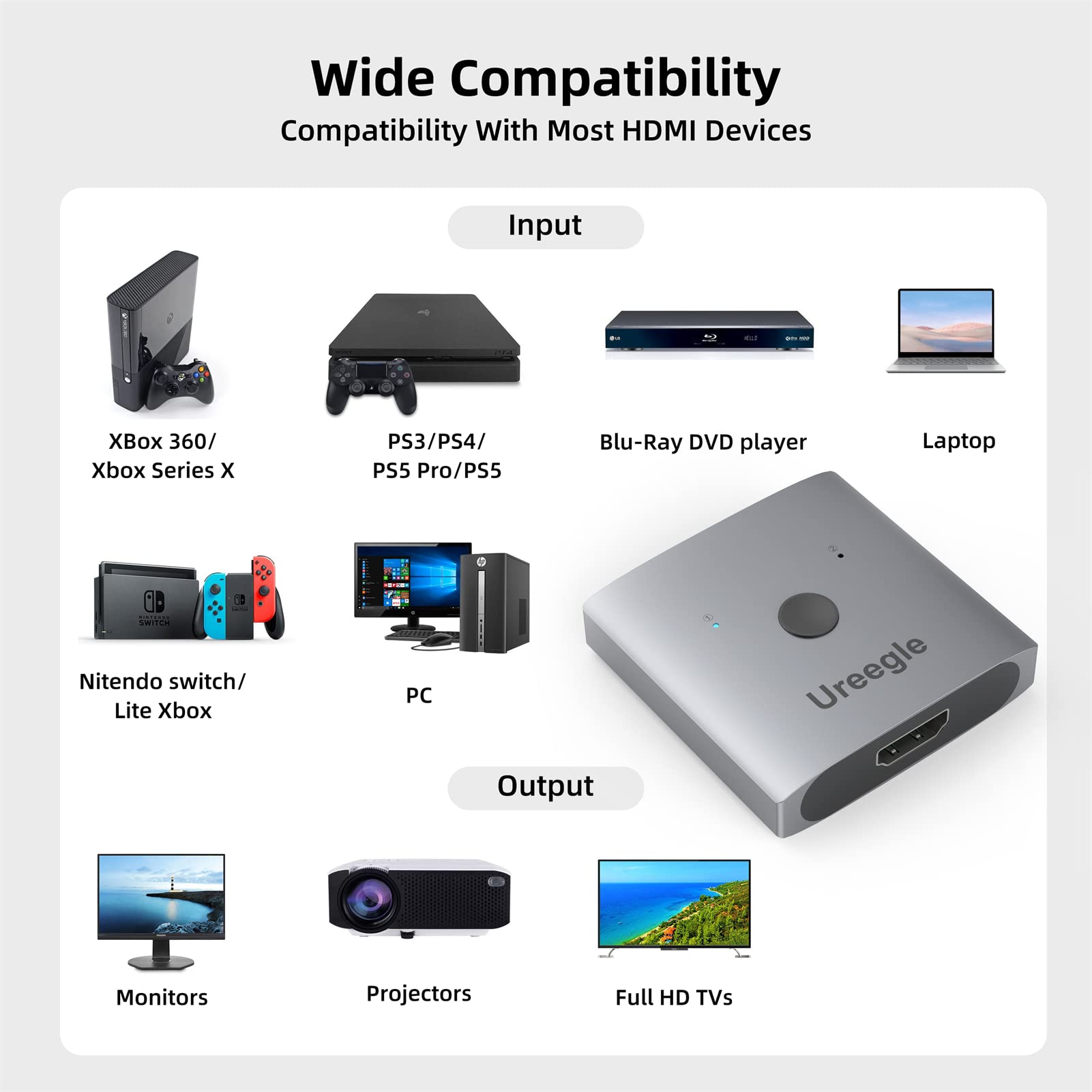 HDMI Switch 2 in 1 Out, 4K@60Hz HDMI Extended Switching, Aluminum Bidirectional HDMI 2.0 Switcher Splitter, Support HDR 4K 3D HDCP2.2 for PC TV PS4 Xbox FireStick Roku and More