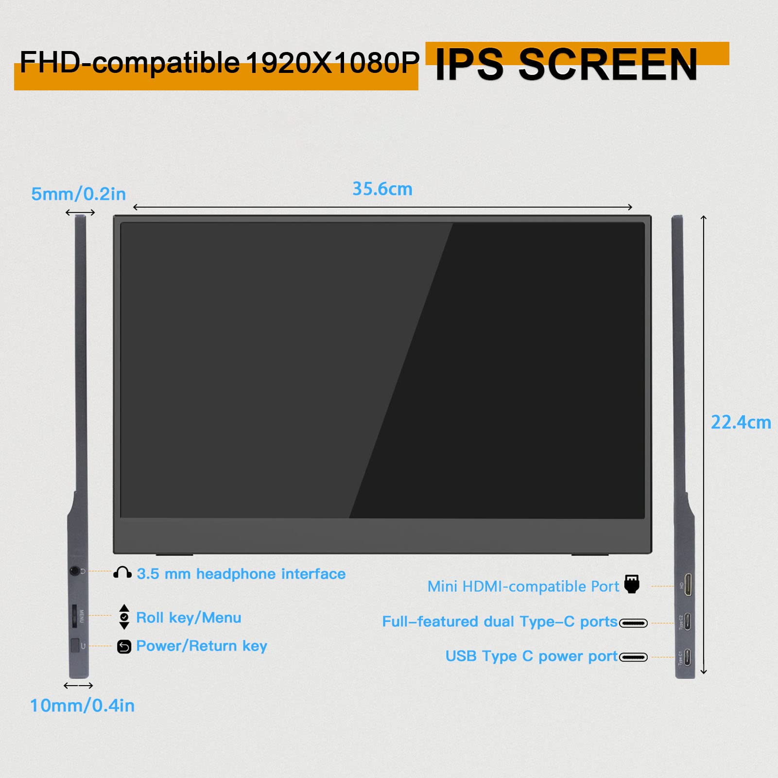 Frogued 15.6-inch External Monitor Dual Speakers 1920x1080 16:9 Screen USB Type-C Built-in Stand External Display LCD Ultra Slim Portable