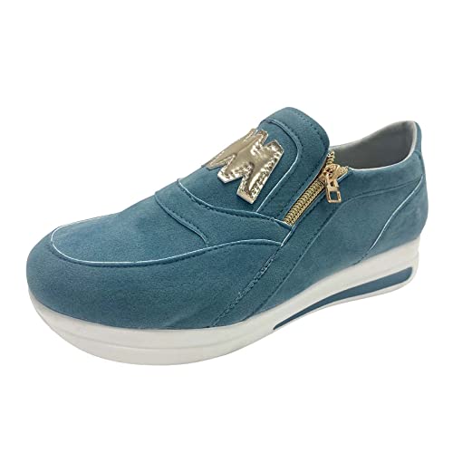 FASDNENDYS Ladies Fashion Solid Color Flock Side Zipper Platform Comfortable Casual Sports Shoes Shower Shows Blue