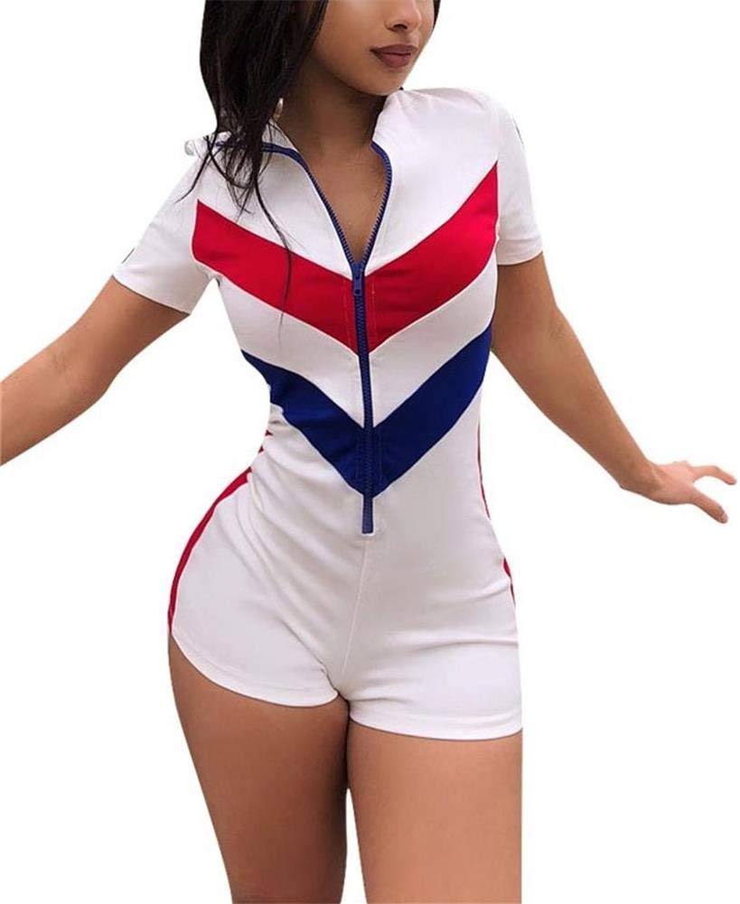 EOSIEDUR Women Summer Sexy Sportswear V Neck Short Sleeve Color Stripe Slim Fit Tracksuit Jumpsuits Rompers, White Small