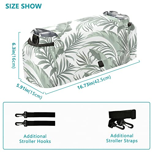 Kigai Green Tropical Palm Tree Baby Stroller Organizer with Cup Holders, Secure Hooks Accessories Adjustable Strap Stroller Bag for Bottle, Diaper, Phone, Toys, Baby Items