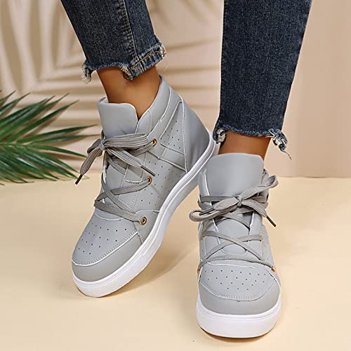 FASDNENDYS Ladies Fashion Solid Color Leather Surface Breathable High Top Lace Up Flat Casual Dotted Shoes Grey