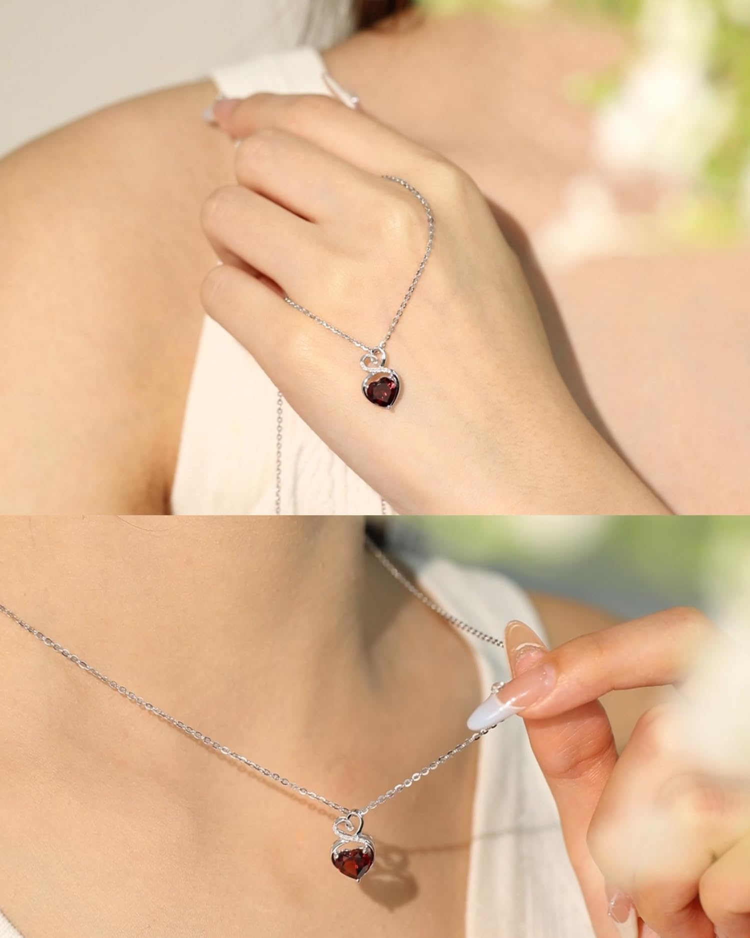 FANCIME 14K Solid White Gold Genuine Garnet Necklace January Birthstone 1.5 CT Gemstone Heart Necklace Small Dainty Fine Jewelry for Women 16β+2β Extender