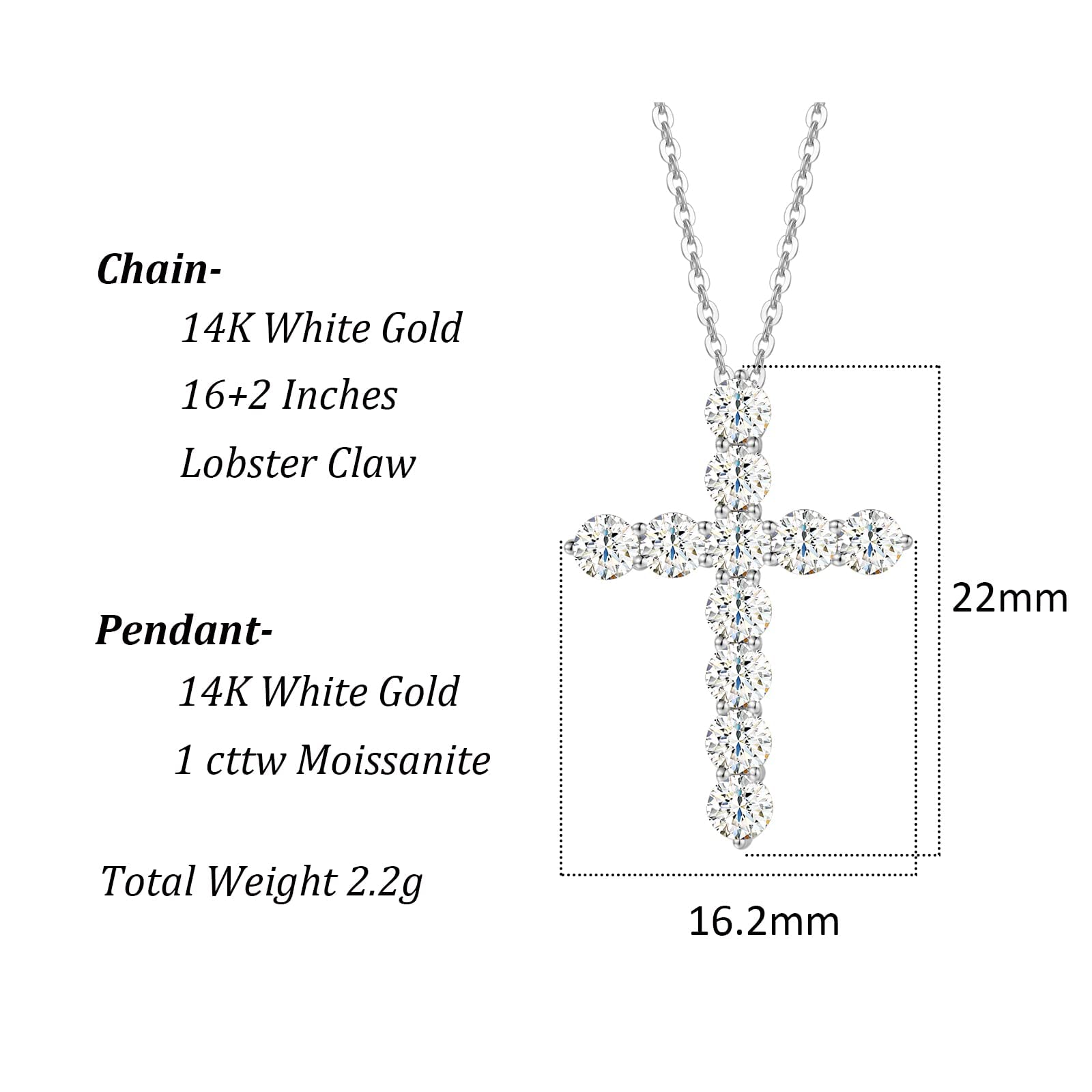 FANCIME 14K Solid White Gold 3 Prong Setting Cross Pendant Necklace with 1 Cttw Carat White Moissanite Gemstone Fine Delicate Jewelry Anniversary Christmas Gift Guide for Her Mom Women
