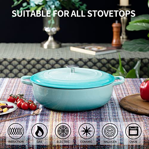 EDGING CASTING Enameled Cast Iron Dutch Oven Shallow Casserole Braiser with Dual Handle, 5.9-QT, Peacock Blue