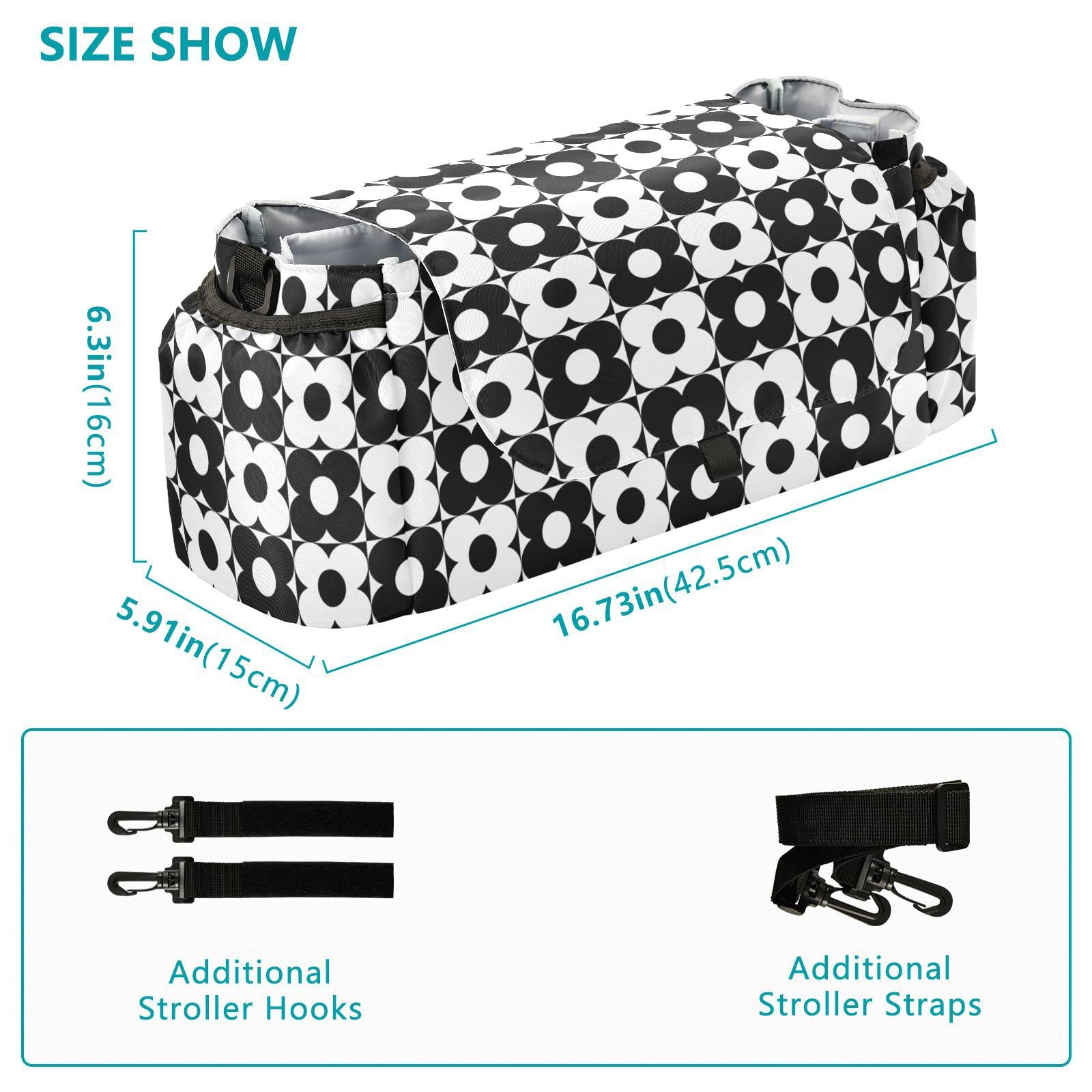 Kigai Modern Flower Tile Baby Stroller Organizer with Cup Holders, Secure Hooks Accessories Adjustable Strap Stroller Bag for Bottle, Diaper, Phone, Toys, Baby Items