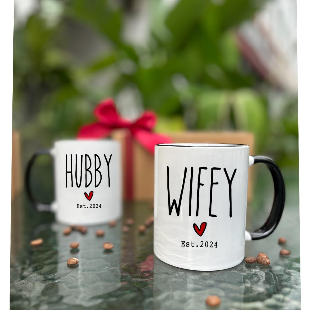 Est 2024 Hubby & Wifey Coffee Mugs Set, Wedding Gift Set of 2 to Give, Bride Groom Mug Set, Couples Coffee Mug Set, Newlywed Coffee Mugs Gift Set, Mr & Mrs Bridal Shower Gift (Black Handle)-5