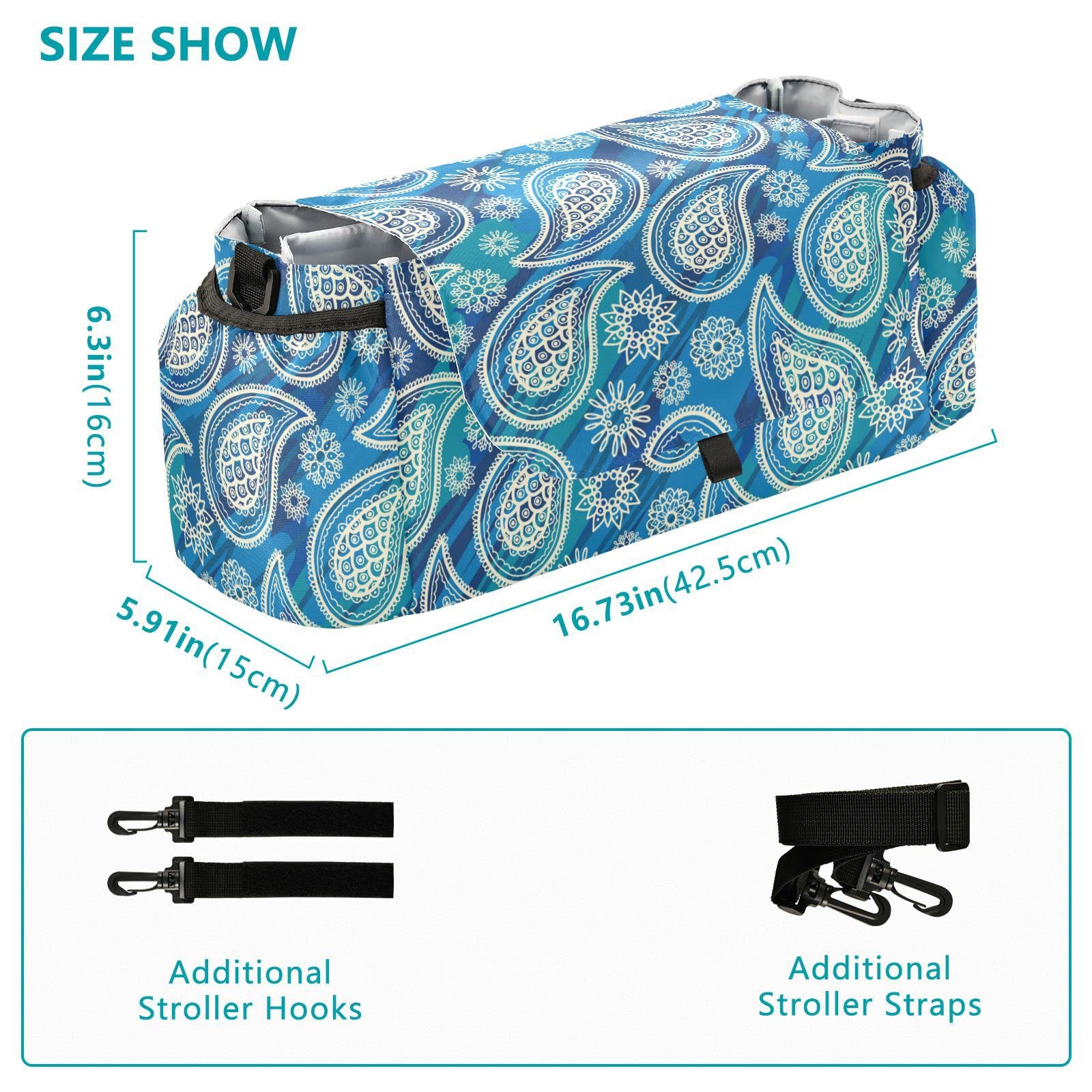 Kigai Paisley Baby Stroller Organizer with Cup Holders, Secure Hooks Accessories Adjustable Strap Stroller Bag for Bottle, Diaper, Phone, Toys, Baby Items