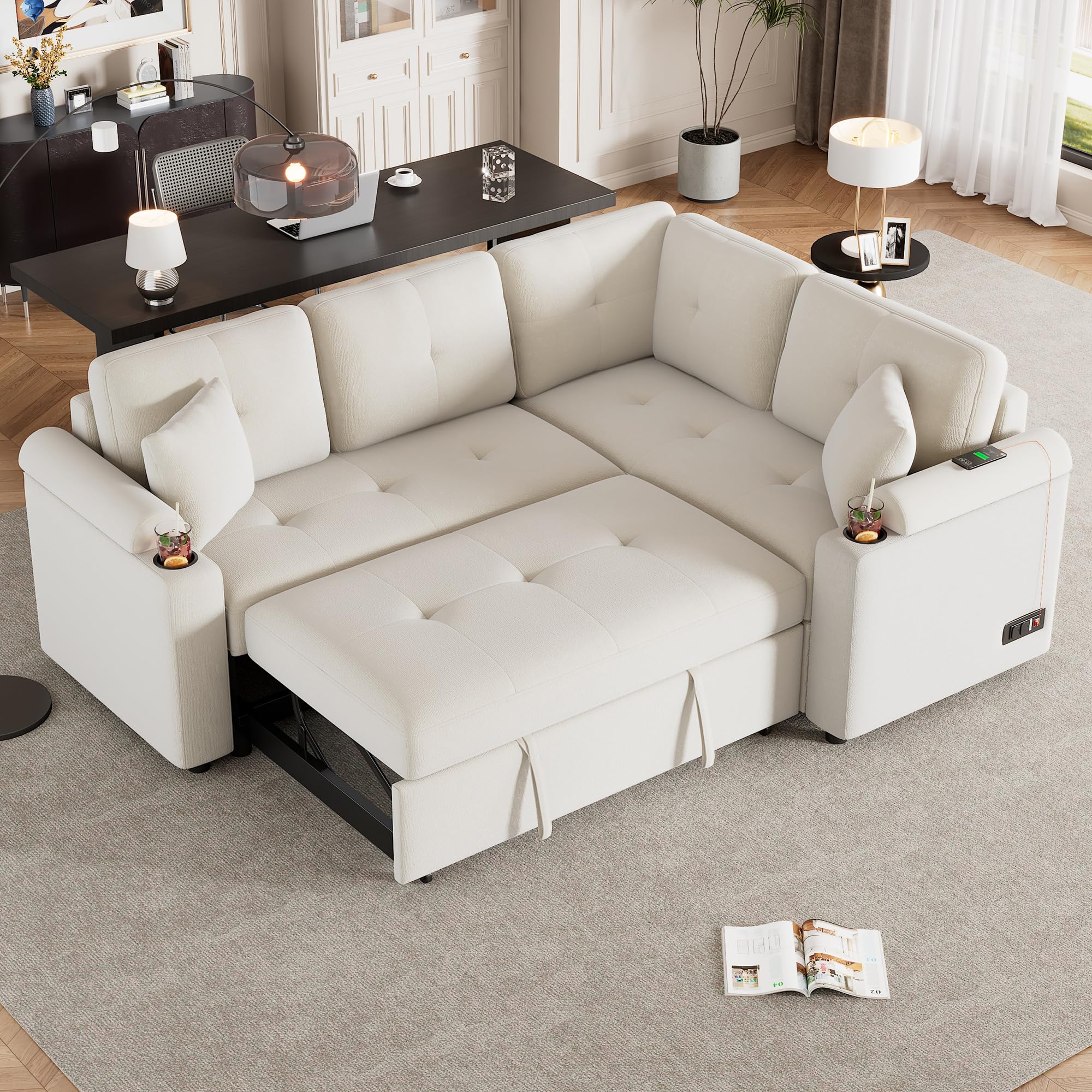 P PURLOVE Sectional Sofa with Pull-Out Sofa Bed, Boucle L-Shape Sleeper Sofa with Wheels, USB Charging Port and Power Sockets, Modern Upholstered Couch for Living Room, Bedroom, Apartment (Beige)