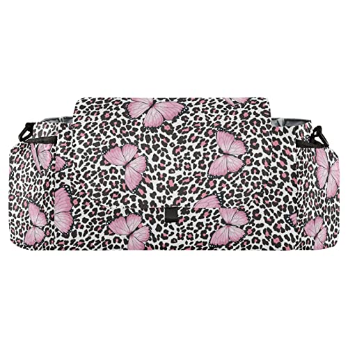 Kigai Pink Butterfly and Leopard Baby Stroller Organizer with Cup Holders, Secure Hooks Accessories Adjustable Strap Stroller Bag for Bottle, Diaper, Phone, Toys, Baby Items