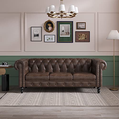 MGH Chesterfield Sofas, 83" PU Couch,Tufted 3 Seats Living Furniture, Mid-Century Sofa Couch Daybed for Living Room and Bedroom (Brown-2)