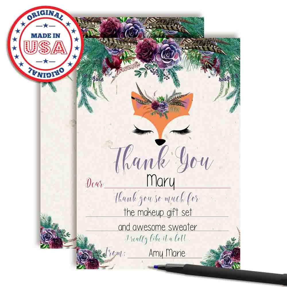 Woodland Forest Fox Face Floral Thank You Notes, Ten 4" x 5.5" Fill In The Blank Cards with 10 White Envelopes by AmandaCreation