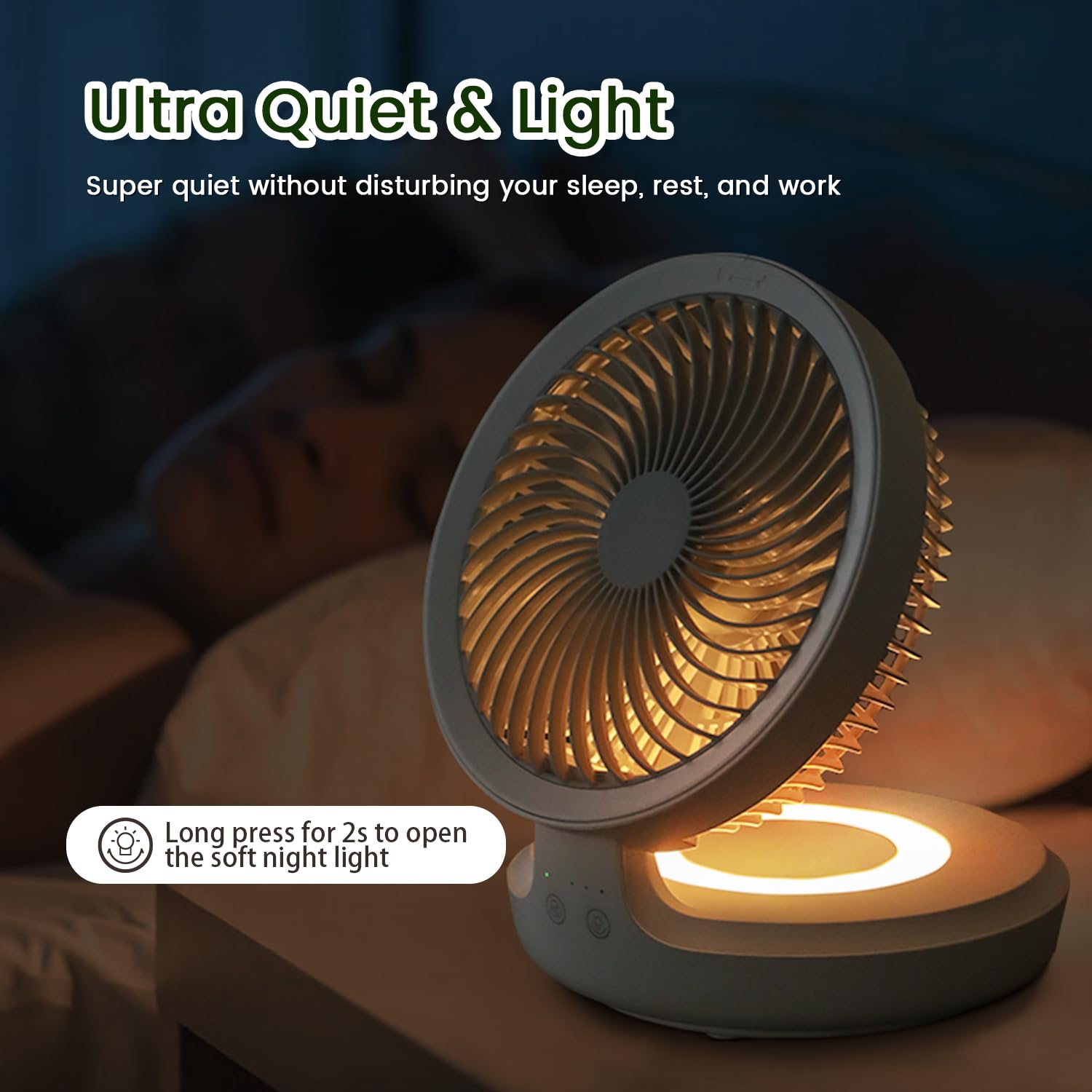 EDON Table Fan, Rechargeable Battery Operated Desk Fan with Auto Oscillation 90 Foldable Ultra Quiet 4 Speeds Light, Portable Air Circulator Fan with Hook, Wall Fan for Bedroom Home Desktop