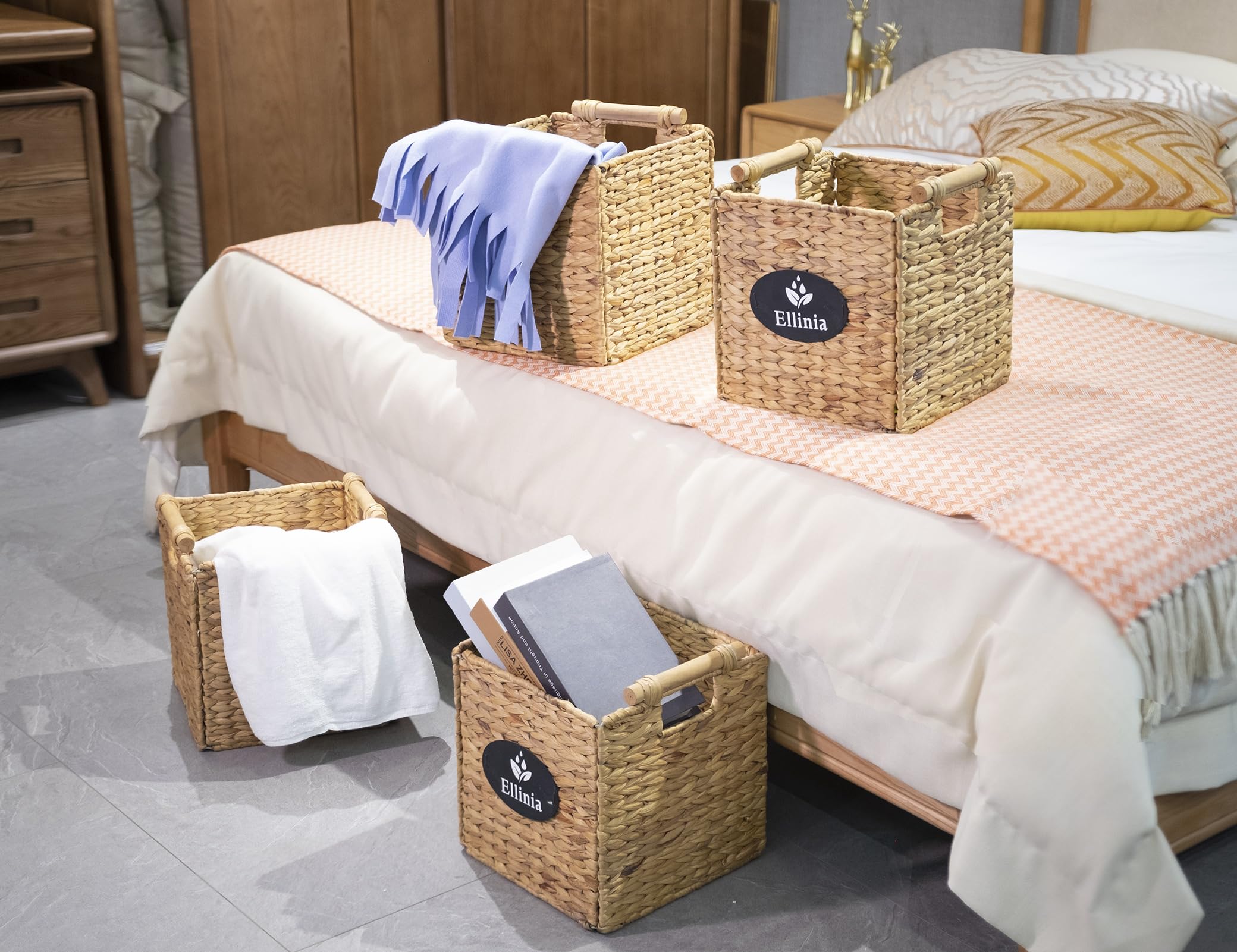 Ellinia Wicker Storage Basket, Water Hyacinth Storage Cube for Shelves, Large Woven Laundry Organizer, Hand Woven Storage Bins, 11 x 11 x 11.8 Inch, 4 - Pack