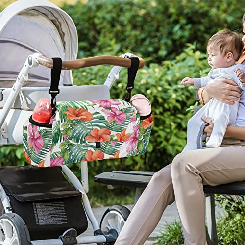 Kigai Tropical Palm Flower Baby Stroller Organizer with Cup Holders, Secure Hooks Accessories Adjustable Strap Stroller Bag for Bottle, Diaper, Phone, Toys, Baby Items