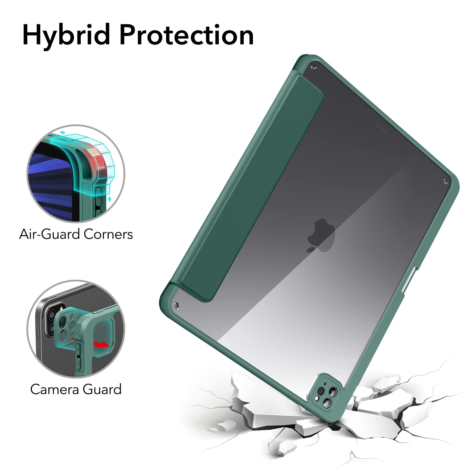 ESR Hybrid Case Compatible with iPad Pro 12.9 Inch 2021/2020/2018 (5th/4th/3rd Generation) with Pencil Holder, Detachable Magnetic Case, Hard PC Back Cover, Auto Sleep/Wake, Rebound Series, Green