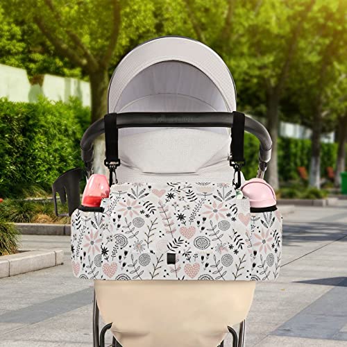 Kigai Twigs Wildflowers Baby Stroller Organizer with Cup Holders, Secure Hooks Accessories Adjustable Strap Stroller Bag for Bottle, Diaper, Phone, Toys, Baby Items