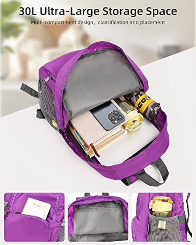MULISOFT 30L Foldable Hiking Backpack, Lightweight Camping Backpack for Outdoor, Travel, Water-Resistant day backpack for Men & Women, Multifunctional Daypack with 8 Compartments, Purple