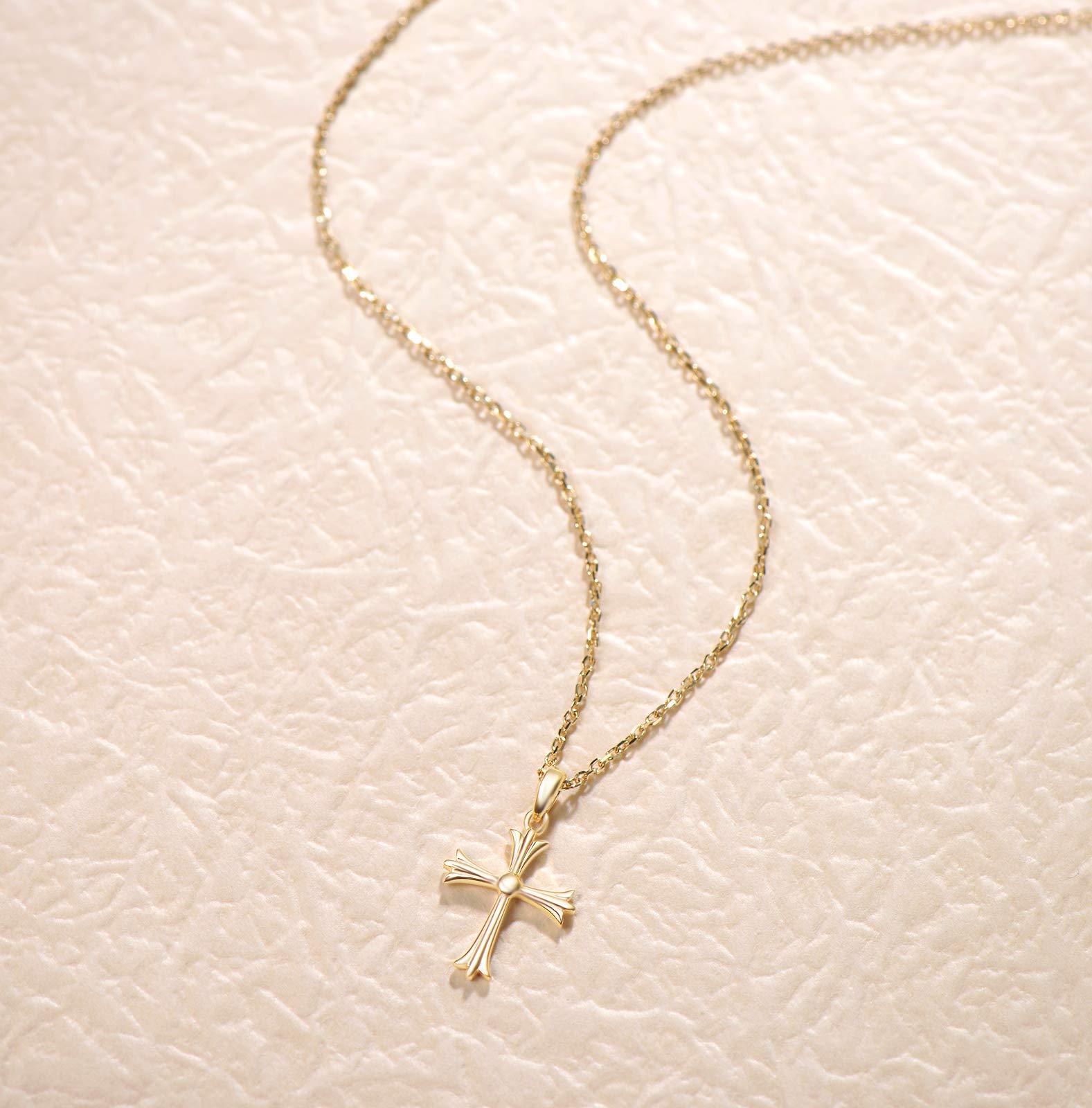 FANCIME SOLID REAL 14K Yellow Gold SMALL TINY Little Cute Embossed Cross Crucifix Delicate Necklace Dainty Pendant Fine Jewelry For Women, With 16+2" Solid Gold Cable Chain