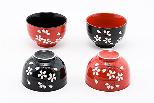 Hinomaru Collection Japanese Traditional Ceramic Rice Bowl Set of 4 Red and Black Cherry Blossom Sakura Decorative Gift Pack Multi Purpose Attractive Design