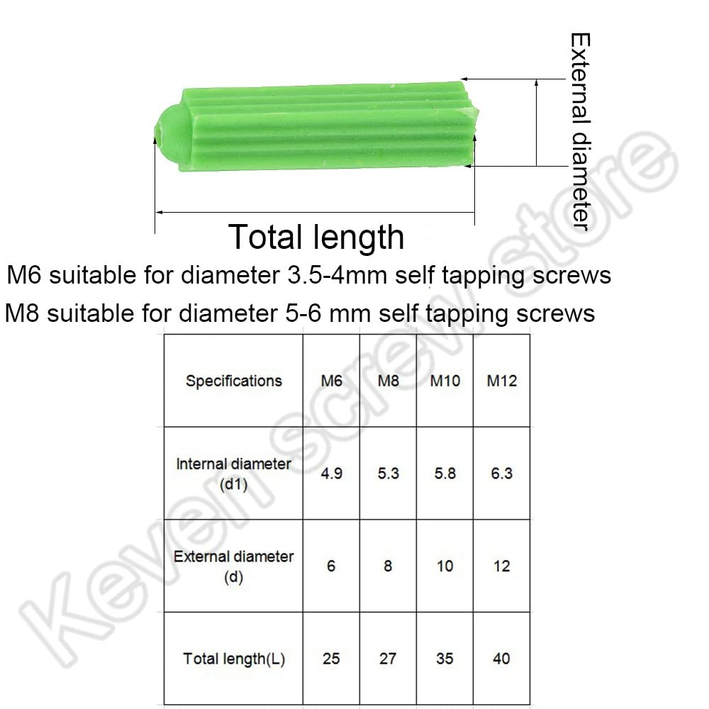 Gatides Expansion Screw 50PCS Plastic Expansion Pipe Green M6 M8 Wall Plug Rubber Anchor Plug Self Tapping Screw Expansion Tube for Drywall Sheetrock Wall Fixings (Size : M8)