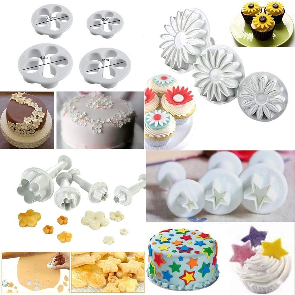 INSPEE Fondant Tools 33 Pieces Plunger Sugarcraft Cake Cookie Cutters Sunflower Leaf Butterfly Heart Gerbera Shapes Decorating Mold DIY Tools