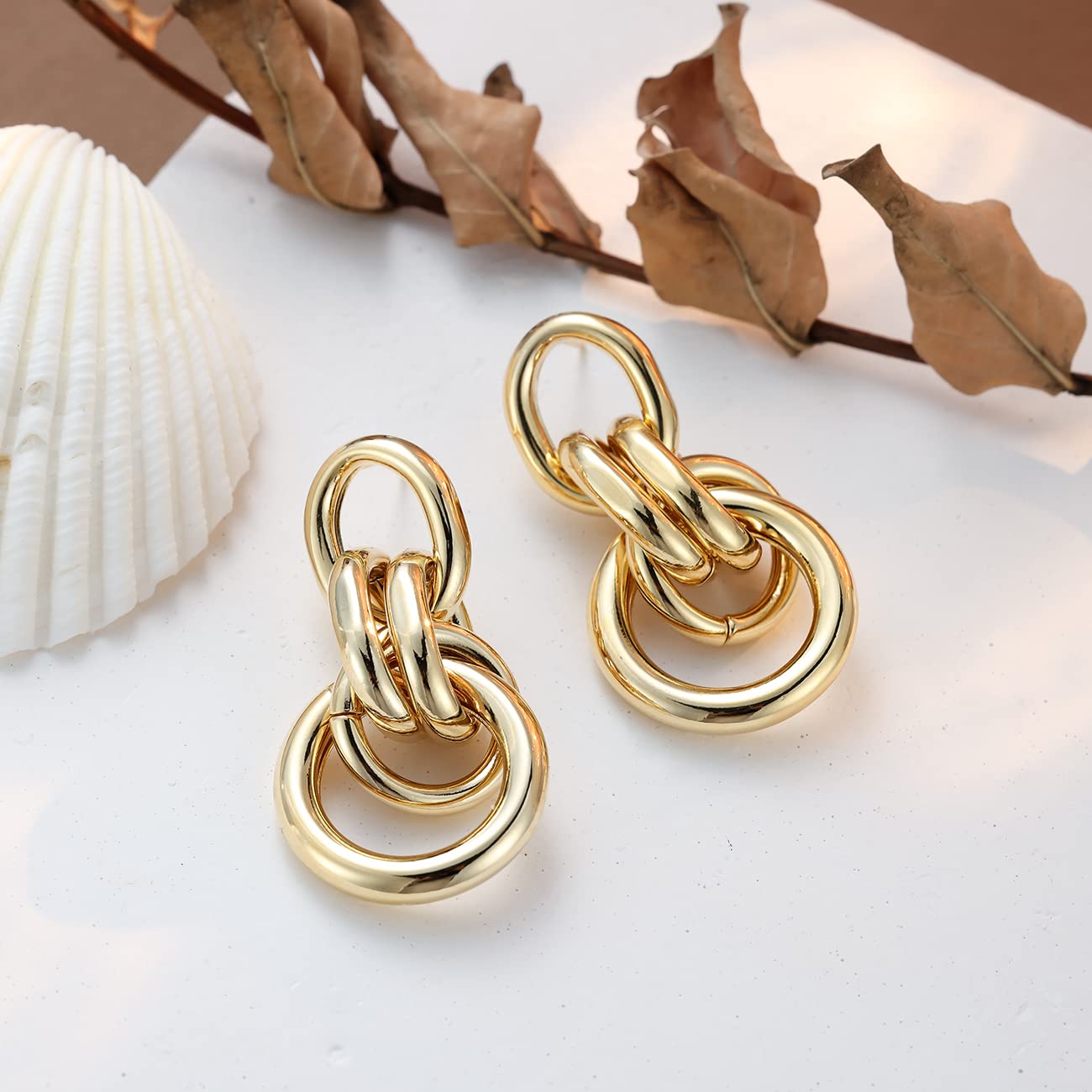 Gold Statement Earrings - Large Geometric Circle Hoop Link Chunky 14K Gold Plated Statement Dangle Earrings for Women Jewelry Gifts (Gold)
