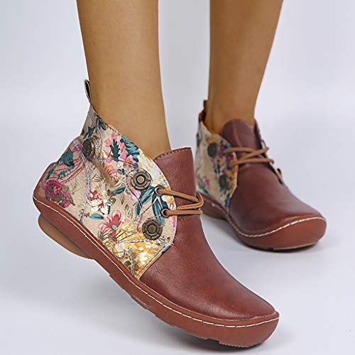 FASDNENDYS Retro Women Leather Flat Lace-Up Flower Print Short Booties Round Toe Shoes Womens Platform Boots Brown