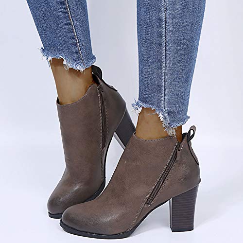 FASDNENDYS Retro Solid Leather Zipper Women Color Toe Round Booties Shoes Heel Short Women's Women Snow Boats