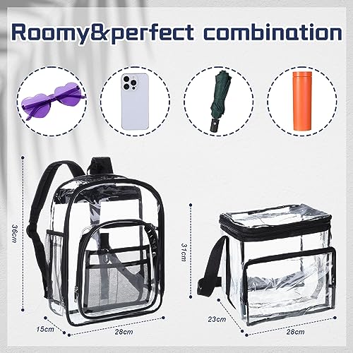 Paterr 2 Pcs Clear Backpack Set Clear Lunch Bag Plastic PVC See Through Heavy Duty Clear Tote Bag Stadium Approved with Zippers Adjustable Shoulder Straps for Work Travel Women Men Officers Festival