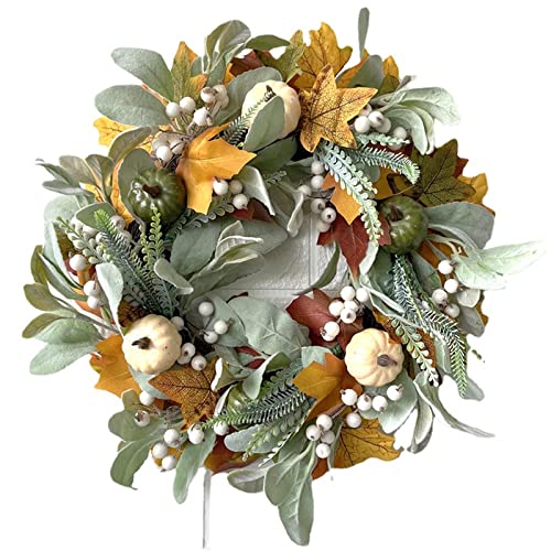 Fall Tiered Tray Decorations Set, Fall Wreath For Front Door, Autumn Wreath With Maple Leaf,Artificial Pumpkins Wreath,Thanksgiving Decoration, Halloween Pumpkin Decorations Outdoor 1 PC Garland 16 IN