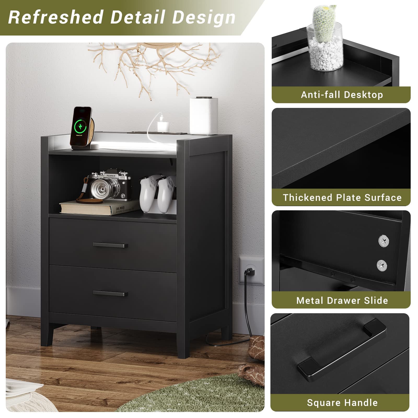 EPHEX Nightstand with LED Light & Charging Station, Black Night stand with 2 Drawers, Modern End Side Table with USB Ports, Bedside Table for Bedroom