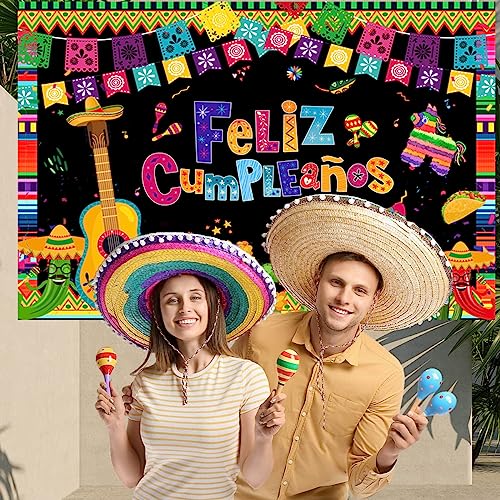 Feliz Cumpleaños Backdrop Mexican Fiesta Happy Birthday Party Decorations Supplies Cactus Balloons Mexico Cinco De Mayo Carnival Bday Cake Table Banner Photography Background Photo Props