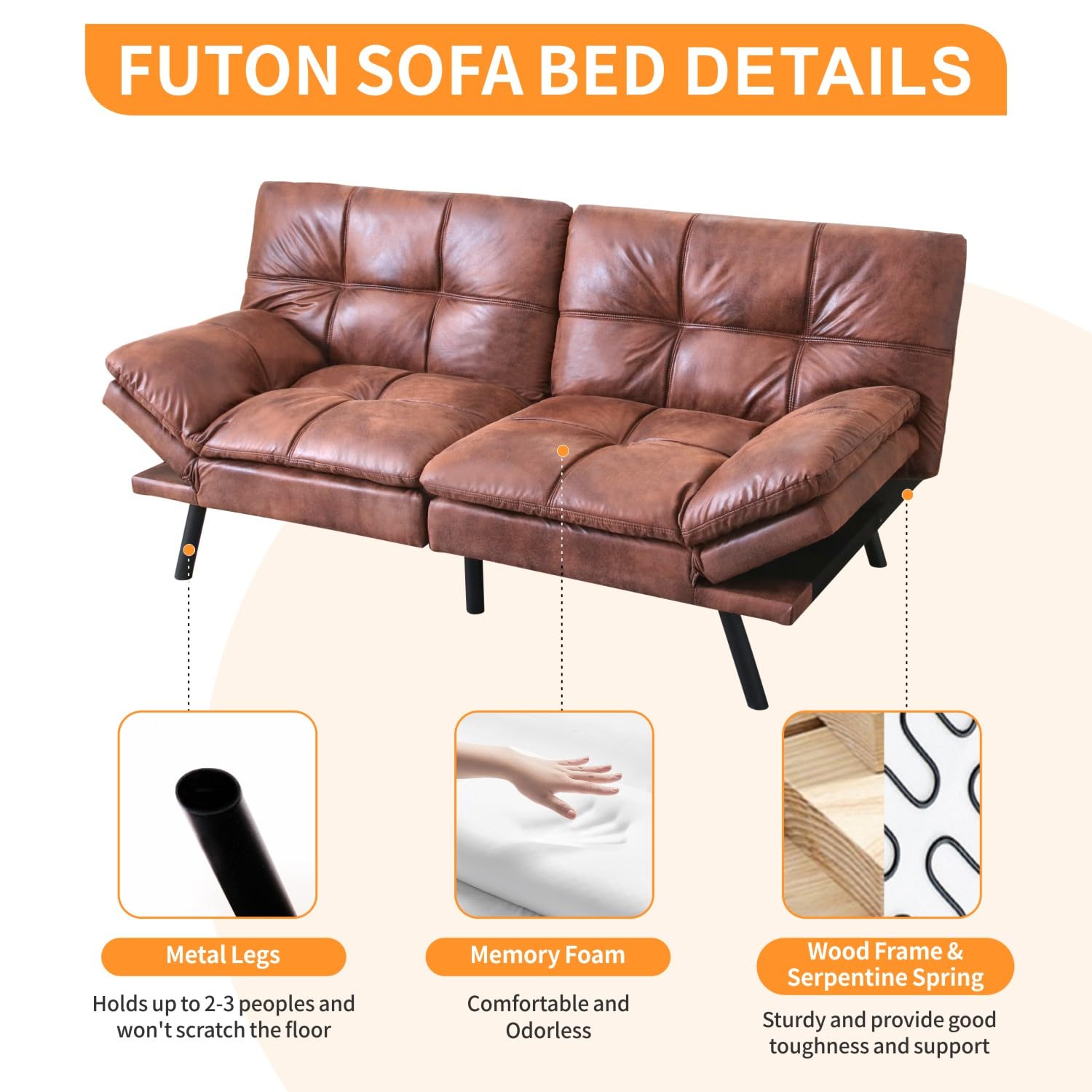 MUUEGM Futon Sofa Bed,Memory Foam Futon Sofa,couch bed,Convertible Sofa Bed for Compact Living Spaces,Apartment,Office,Sleeper Sofa,71"*33"*31.5",Brown Faux Leather