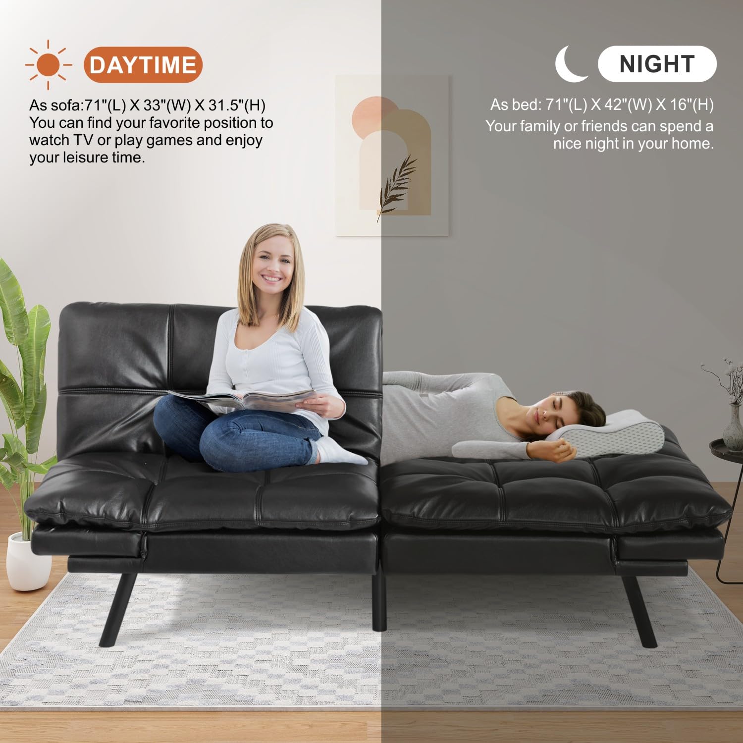 MUUEGM Futon Sofa Bed,Memory Foam Futon Convertible Couch Bed, Sofa Bed Couch,Modern Loveseat Sofa,Sleeper Couch for Small Space,Apartment, Living Room,Adjustable Backrests Armrests,Black