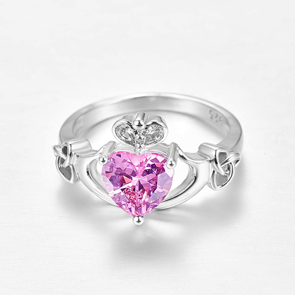 Emsione 925 Sterling Silver Plated Created Pink Topaz Heart Cut CZ Claddagh Celtic Ring Eternity Anniversary Wedding Engagement Band Ring Size 8