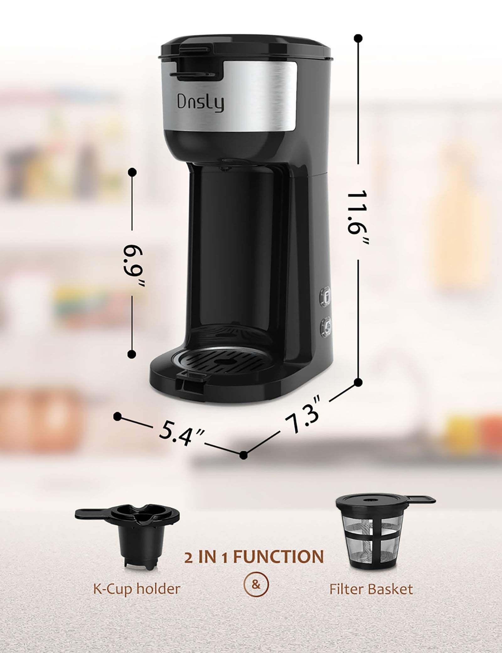 Dnsly Single Serve Coffee Maker attached Travel Mug, 2 in 1 Capsule Pod & Ground Coffee, With BPA Free, Strength Controlled from 6oz to 14oz and Self Cleaning Function