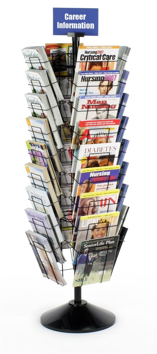 Displays2go 59 Inch Standing Rotating Wire Magazine Stand with 36 Compartments, Floor Standing, Wire Construction – Black (WSFM936PB)