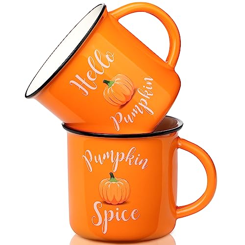 Mumufy 2 Pcs 14oz Hello Pumpkin Fall Mugs Pumpkin Spice Autumn Coffee Mug Orange Pumpkin Mug Campfire Autumn Coffee Cups for Happy Halloween Thanksgiving Decor Kitchen Decorations Thank You Gift