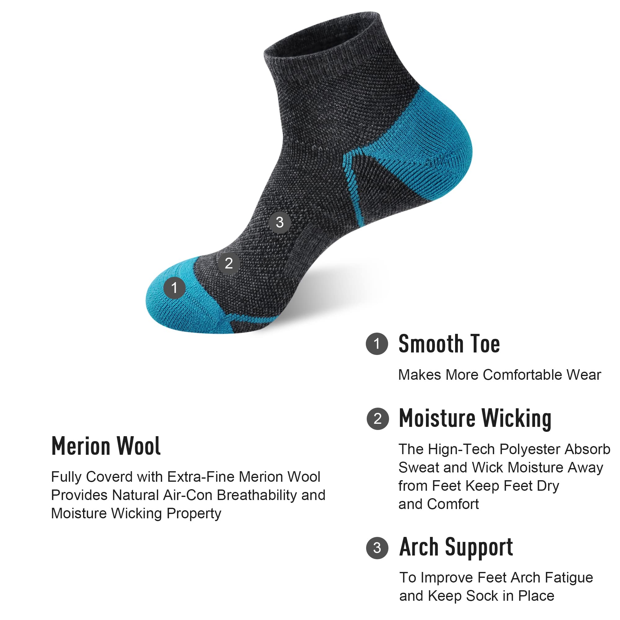 ECOEY Women's Merino Wool Running Golf Athletic Ankle Socks 4 Pairs (Mix-color, 9-11)