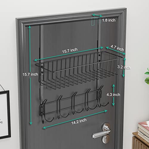 OUTNILI Over The Door Organizer Bathroom - Over Door Hanger Towel Rack with 15 Hooks & 1 Basket - Black Rustproof & Waterproof Stainless Steel Door Organizer for Bathroom Kitchen Bedroom Accessories