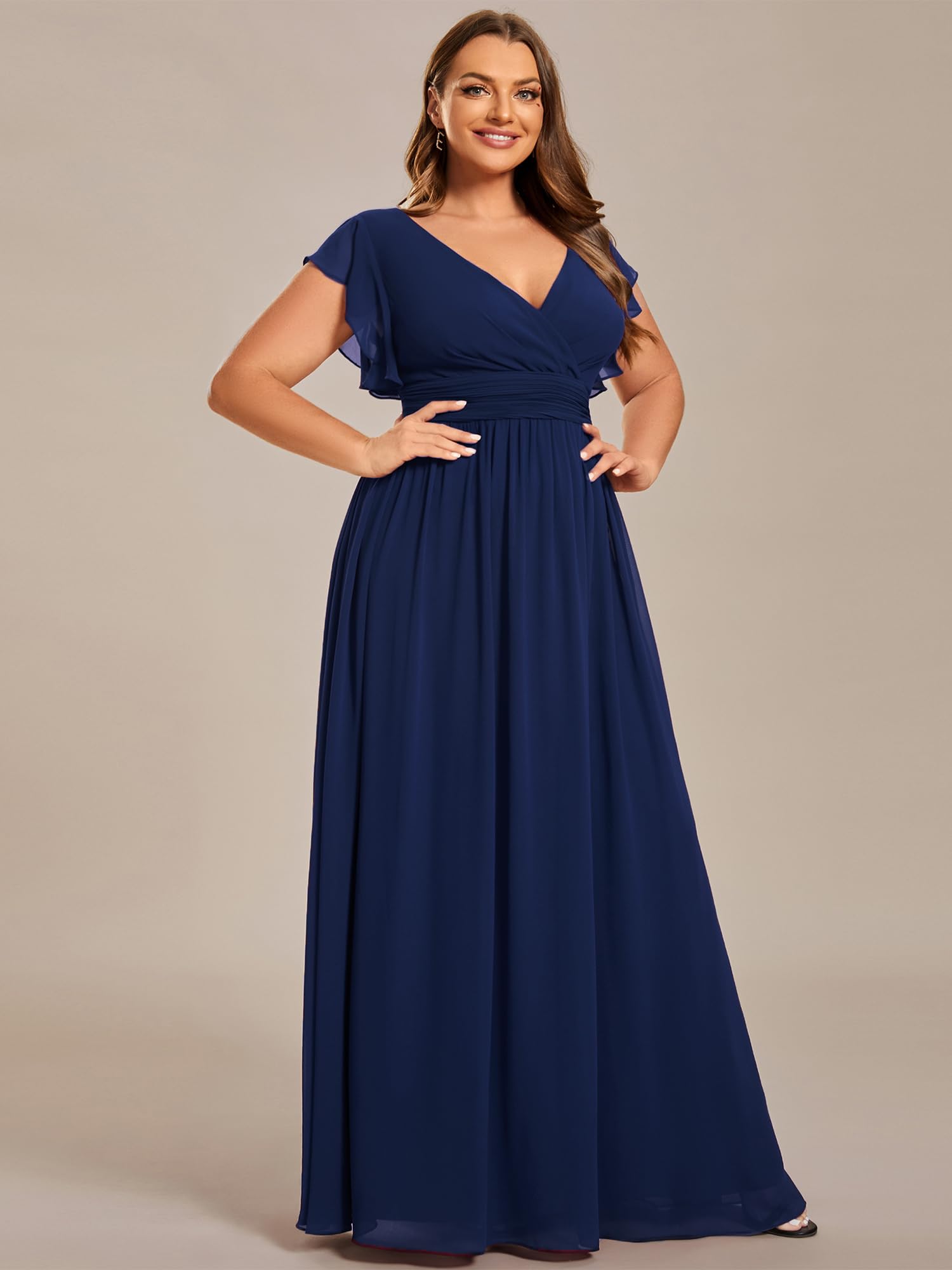 Ever-Pretty Women's Ruched V Neck A-Line Ruffles Sleeves Summer Maxi Plus Size Cocktail Dress Navy Blue US16