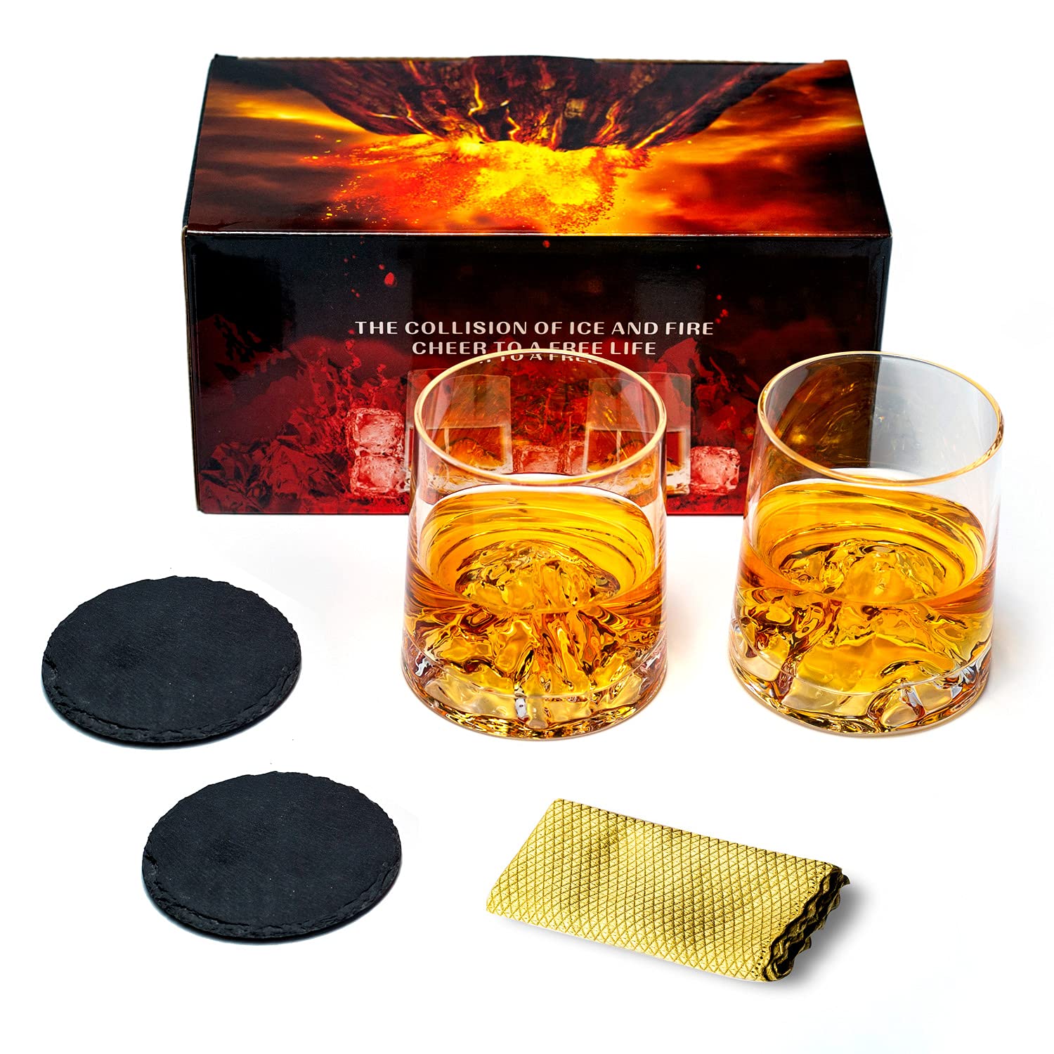 HCYCFY Old Fashioned Whiskey Glasses Set of 2 with Slate Coasters,8.5 oz Mountain Crystal Glass for Drinking Bourbon,Cognac, Scotch, Cocktails, Gift For Men, Dad, Husband, Boyfriend