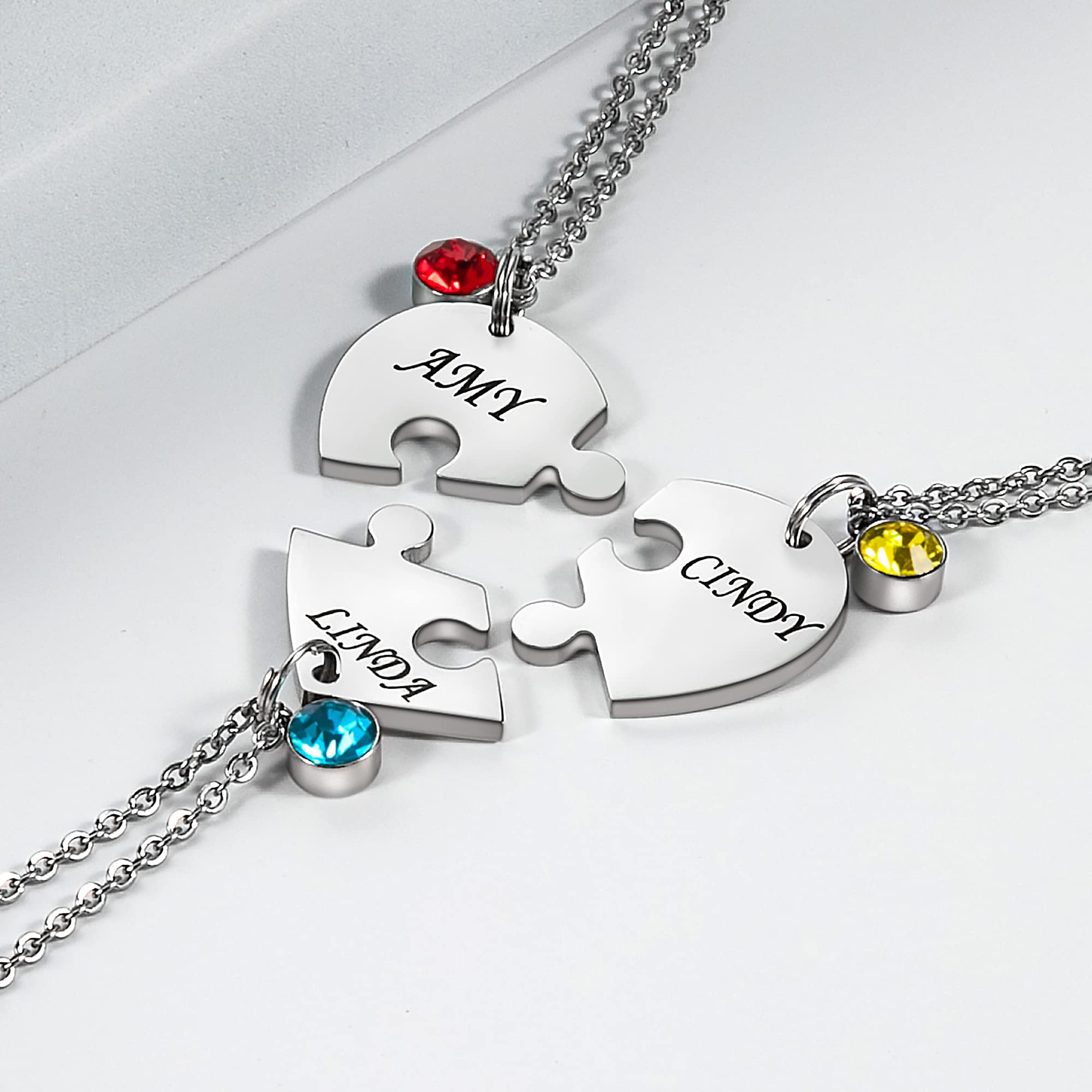 Fanery Sue Personalized Puzzle Pieces Heart Shape Necklace/Kaychain for Best Friends Family Custom Name/Date with Birthstone