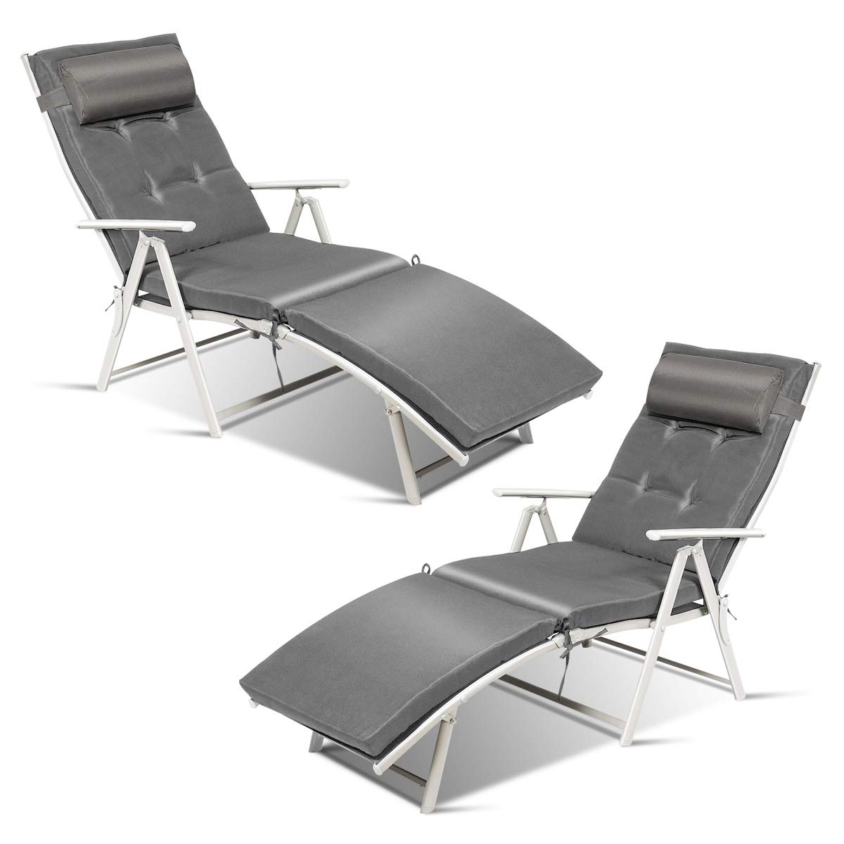 Tangkula 2 PCS Outdoor Folding Chaise Lounge Chair, Lightweight Recliner Chair w/ 7 Adjustable Backrest Positions, Patio Reclining Beach w/Removable Cushion & Pillow for Patio Poolside (Gray)